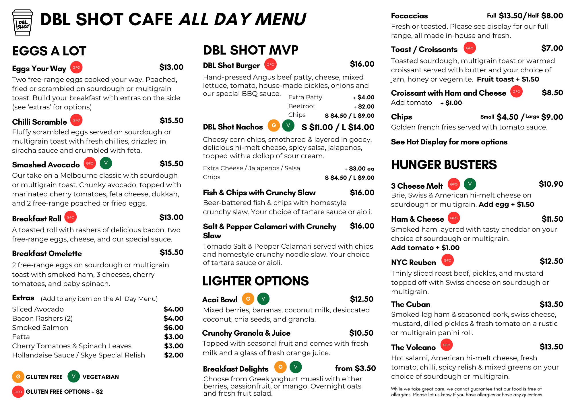 Menu | DBL Shot Cafe Berwick